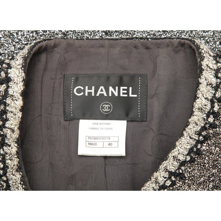 CHANEL Tweed Jacket Coat Silver Metallic 3/4 Sleeve Double Breast 2014 ...