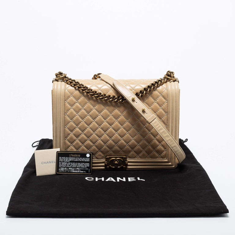 Chanel Two Tone Beige Quilted Glossy Leather Large Boy Flap Bag For ...
