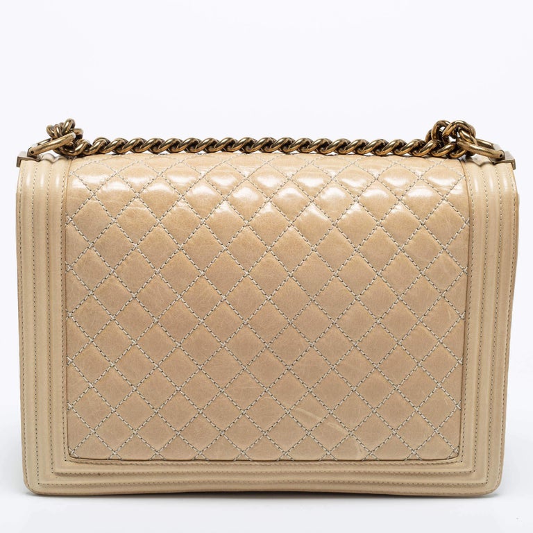 Chanel Two Tone Beige Quilted Glossy Leather Large Boy Flap Bag For ...