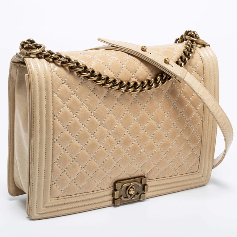 Chanel Two Tone Beige Quilted Glossy Leather Large Boy Flap Bag For ...