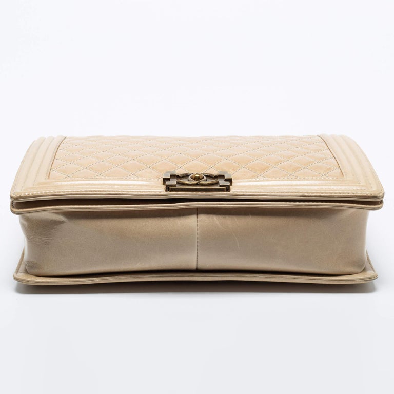 Chanel Two Tone Beige Quilted Glossy Leather Large Boy Flap Bag For ...