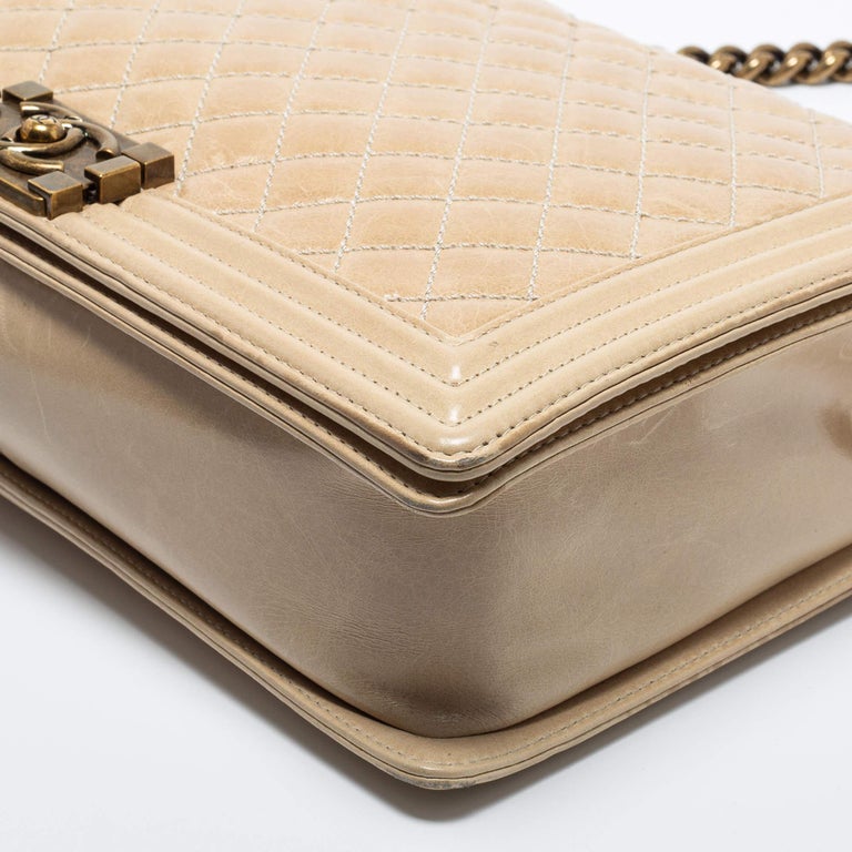 Chanel Two Tone Beige Quilted Glossy Leather Large Boy Flap Bag For ...