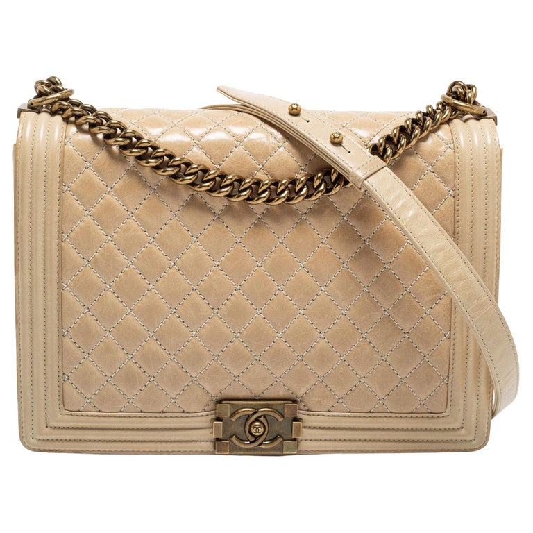 Chanel Two Tone Beige Quilted Glossy Leather Large Boy Flap Bag For ...