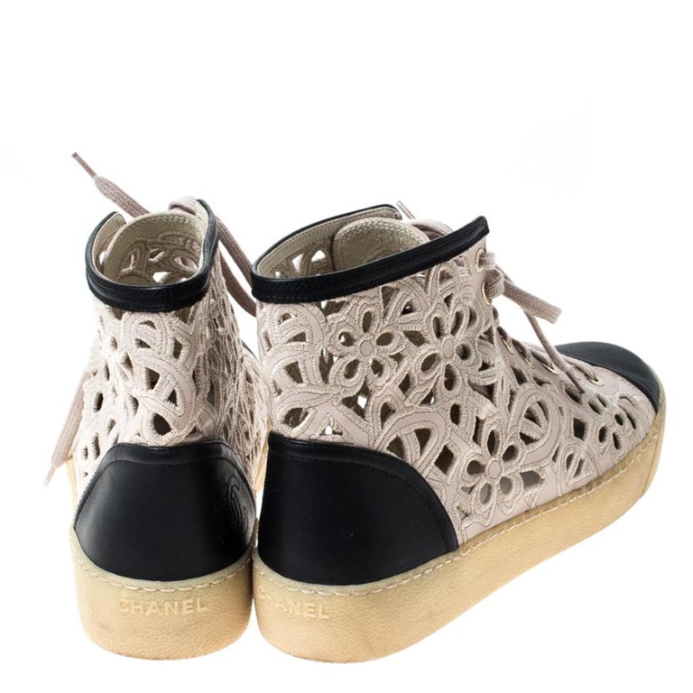 Chanel Two Tone Camellia Cut Out Leather High Top Sneakers Size 41 at ...