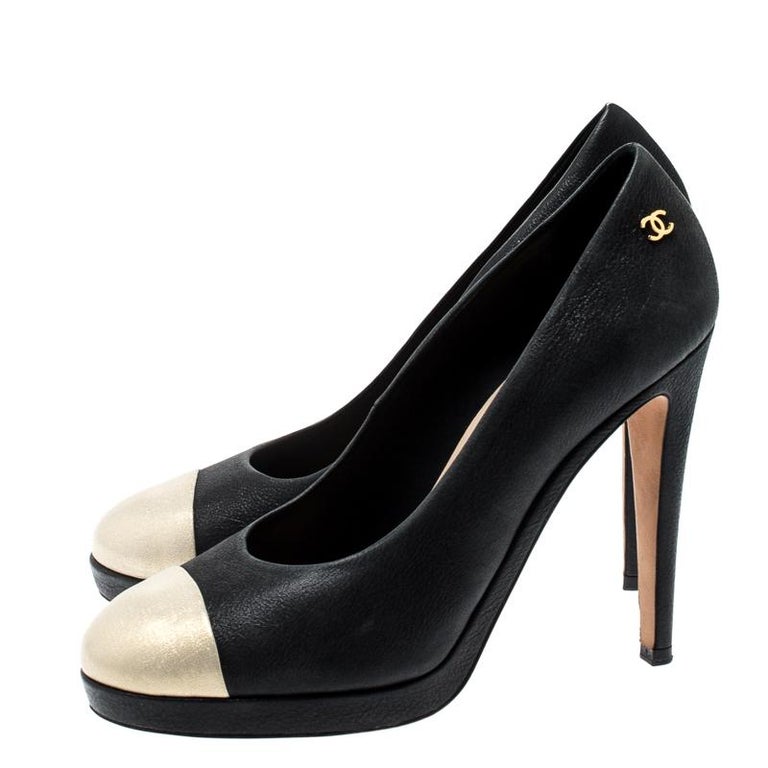 Chanel Two Tone Leather Cap Toe Platform Pumps Size 38 For Sale at 1stDibs