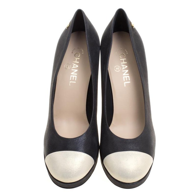 Chanel Two Tone Leather Cap Toe Platform Pumps Size 41 For Sale at 1stDibs
