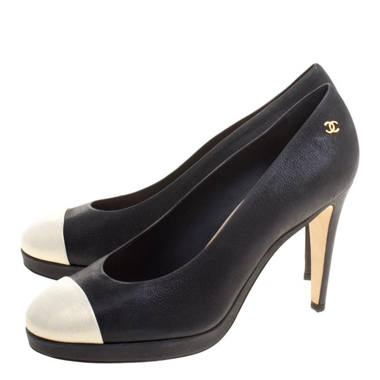 Chanel Two Tone Leather Cap Toe Platform Pumps Size 41 For Sale at 1stDibs