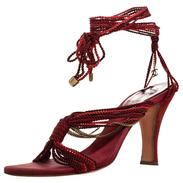 Chanel Two Tone Rope Metal Chain Embellished CC Tie Up Sandals Size 41 ...