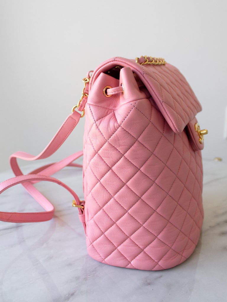 Chanel Urban Spirit Pink Quilted Lambskin Leather Gold CC Backpack at ...