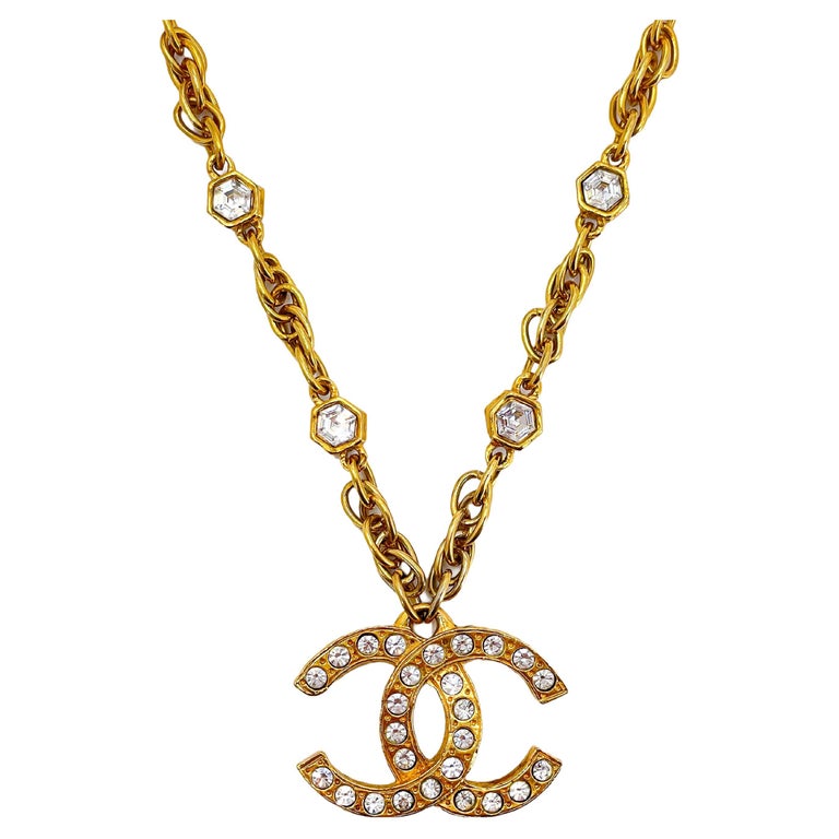 Chanel Vintage 1980s Large Crystal CC Logo Pendant Long Studded ...