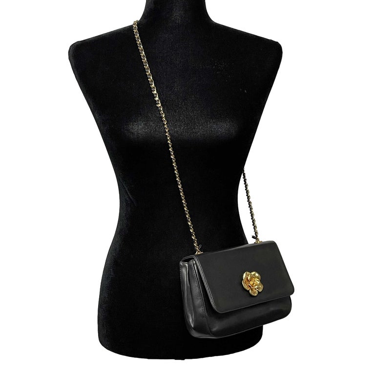 CHANEL Vintage 1990's Camellia Mini Evening Flap Black Crossbody at 1stDibs