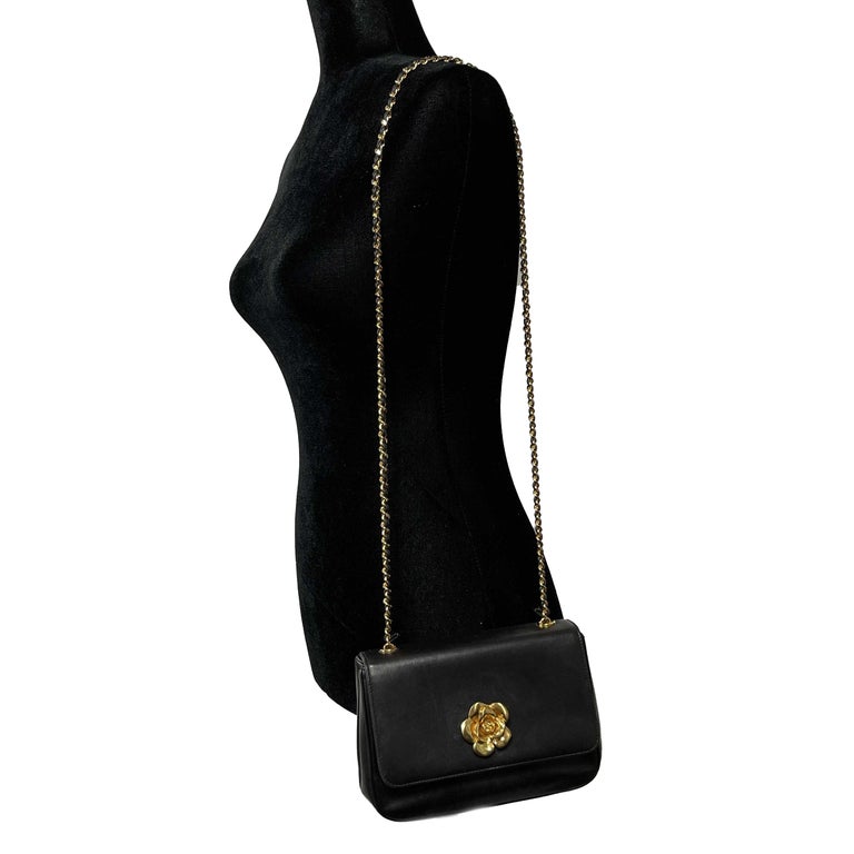 CHANEL Vintage 1990's Camellia Mini Evening Flap Black Crossbody at 1stDibs