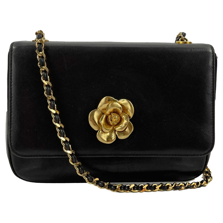 CHANEL Vintage 1990's Camellia Mini Evening Flap Black Crossbody at 1stDibs