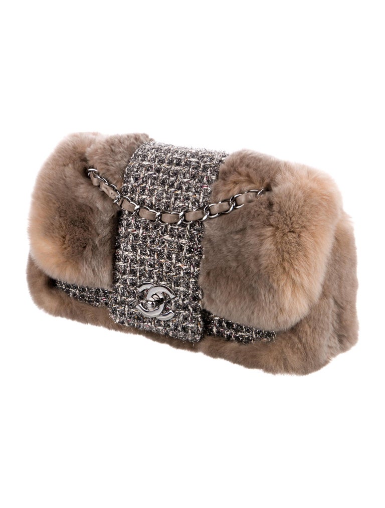 Chanel Vintage 2005 Classic Flap Grey Tweed and Brown Fur Cross Body ...