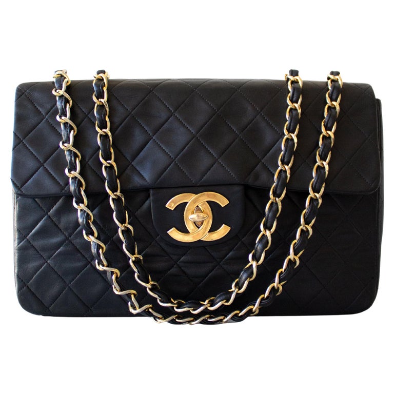 Chanel Vintage 90s Jumbo XL Black 24K Gold Quilted Lambskin Maxi Single ...