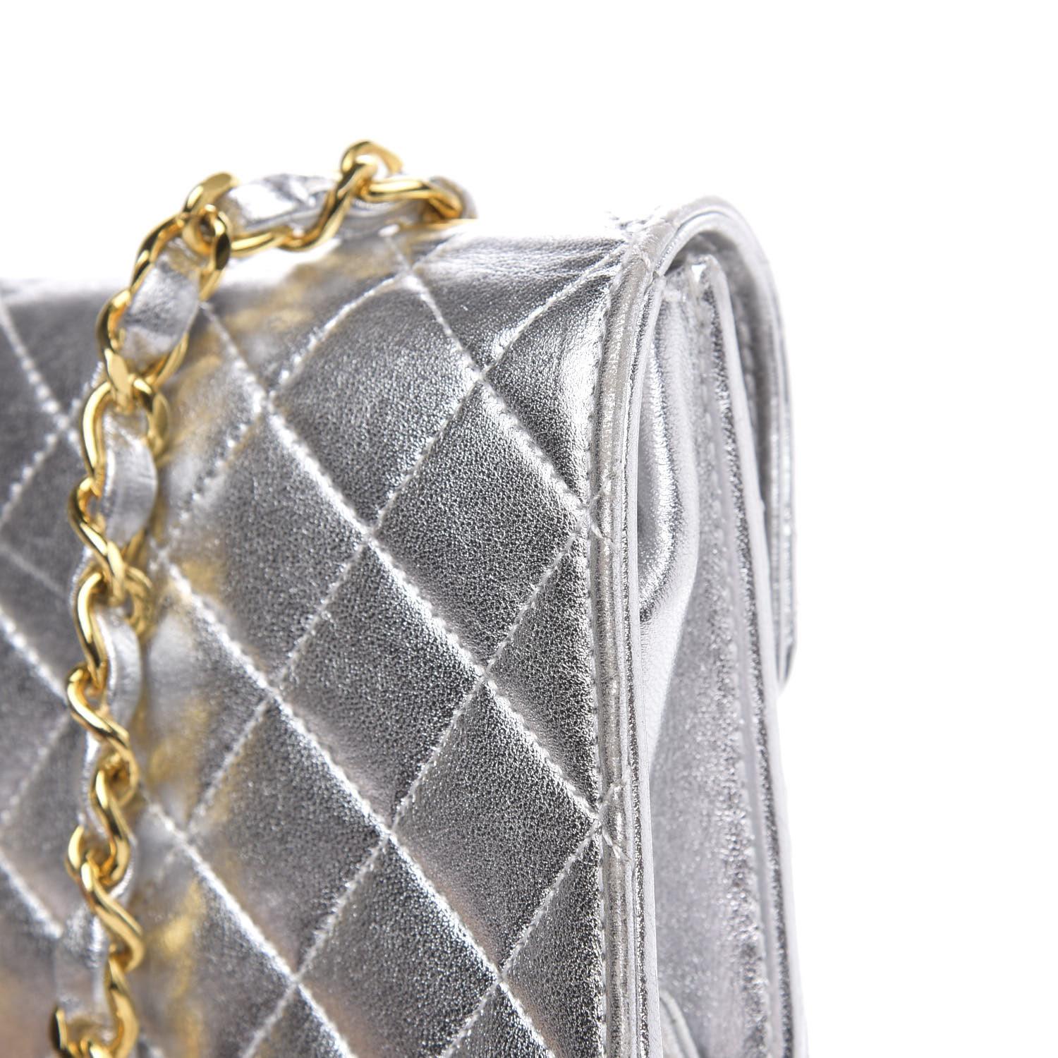 Chanel Vintage 90's Micro Mini Metallic Silver Quilted Classic Flap Bag ...