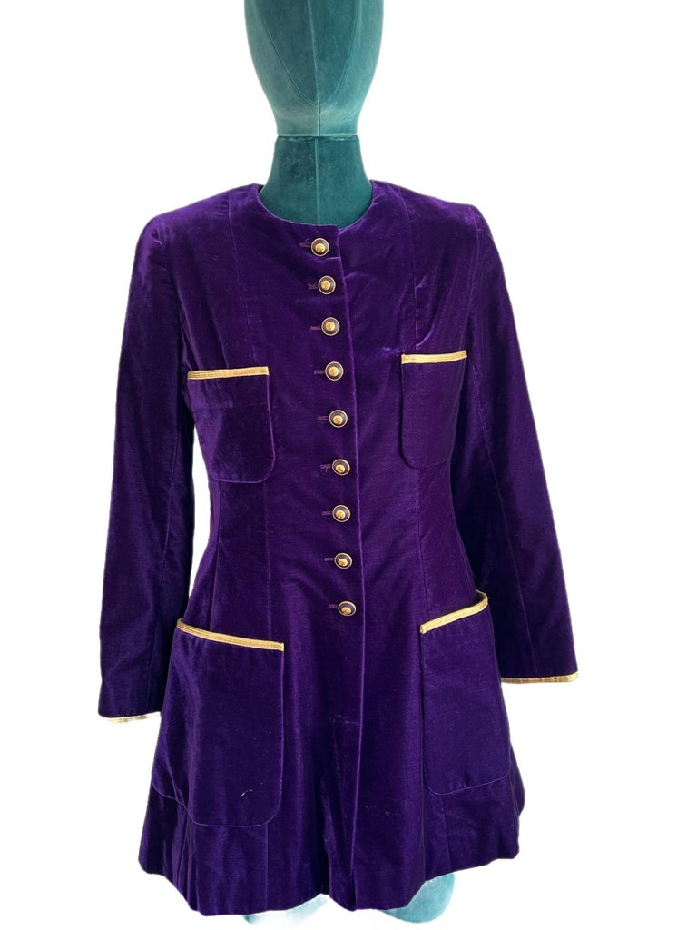 Chanel Vintage 90's Purple Velvet Jacket with Gold Trim For Sale at 1stDibs