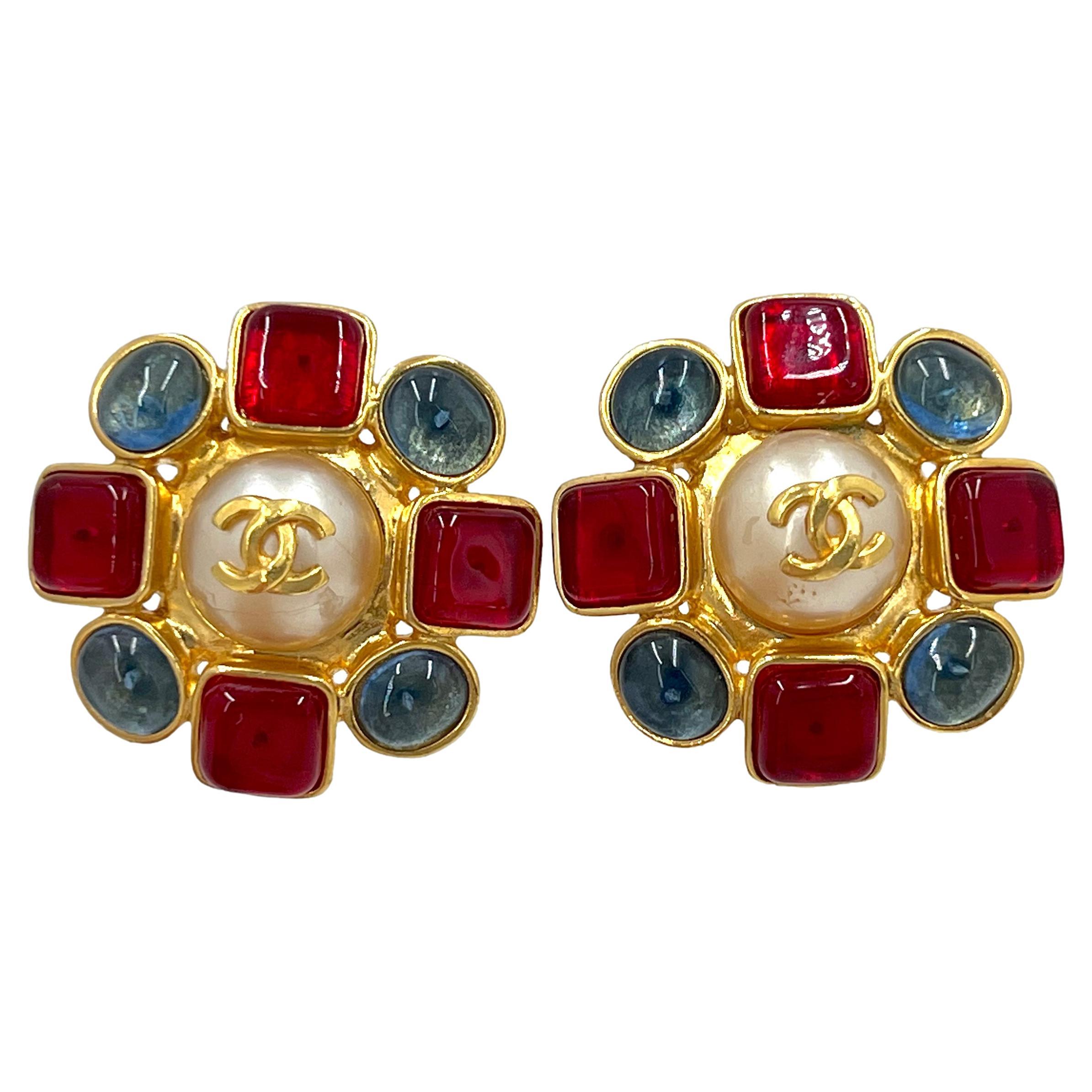 Chanel Vintage 97A Red and Blue-Gray Gripoix and Pearl Large Stud ...