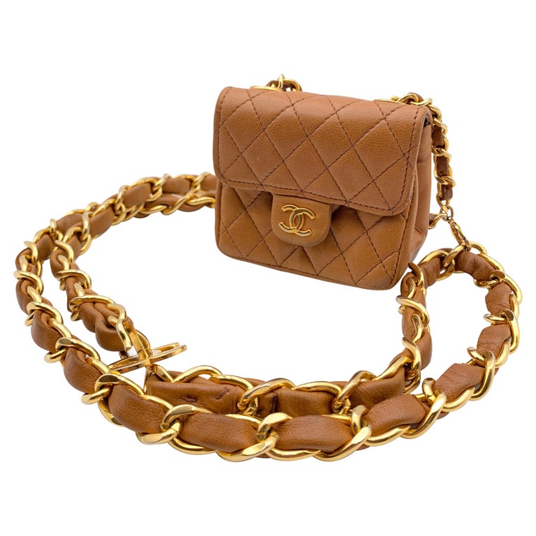Chanel Vintage Beige Leather Gold Chain Micro Classic Flap Belt Bag For ...
