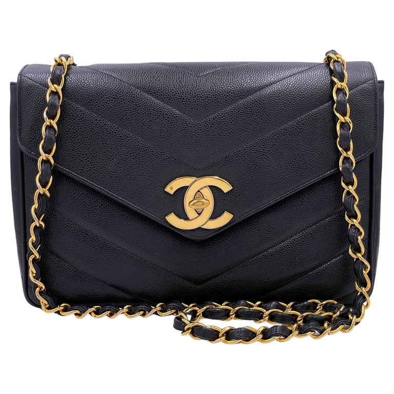 Chanel Vintage Black Caviar Chevron Jumbo Flap Crossbody Bag 24k GHW ...