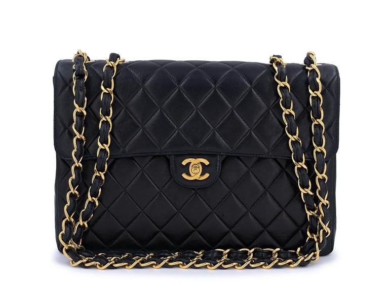 Chanel Vintage Black Lambskin Jumbo Classic Flap Bag 24k GHW 64462 For ...