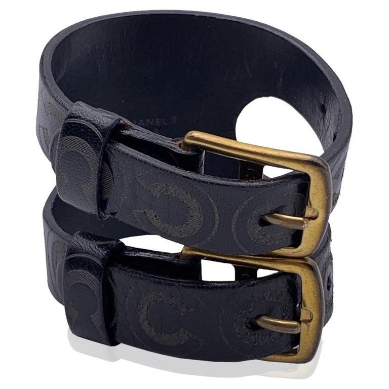 Chanel Vintage Black Leather Double Buckle Coco Adjustable Bracelet For ...