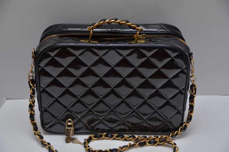 CHANEL Vintage Black Patent Large Size Vanity Handbag With Strap X Lock ...