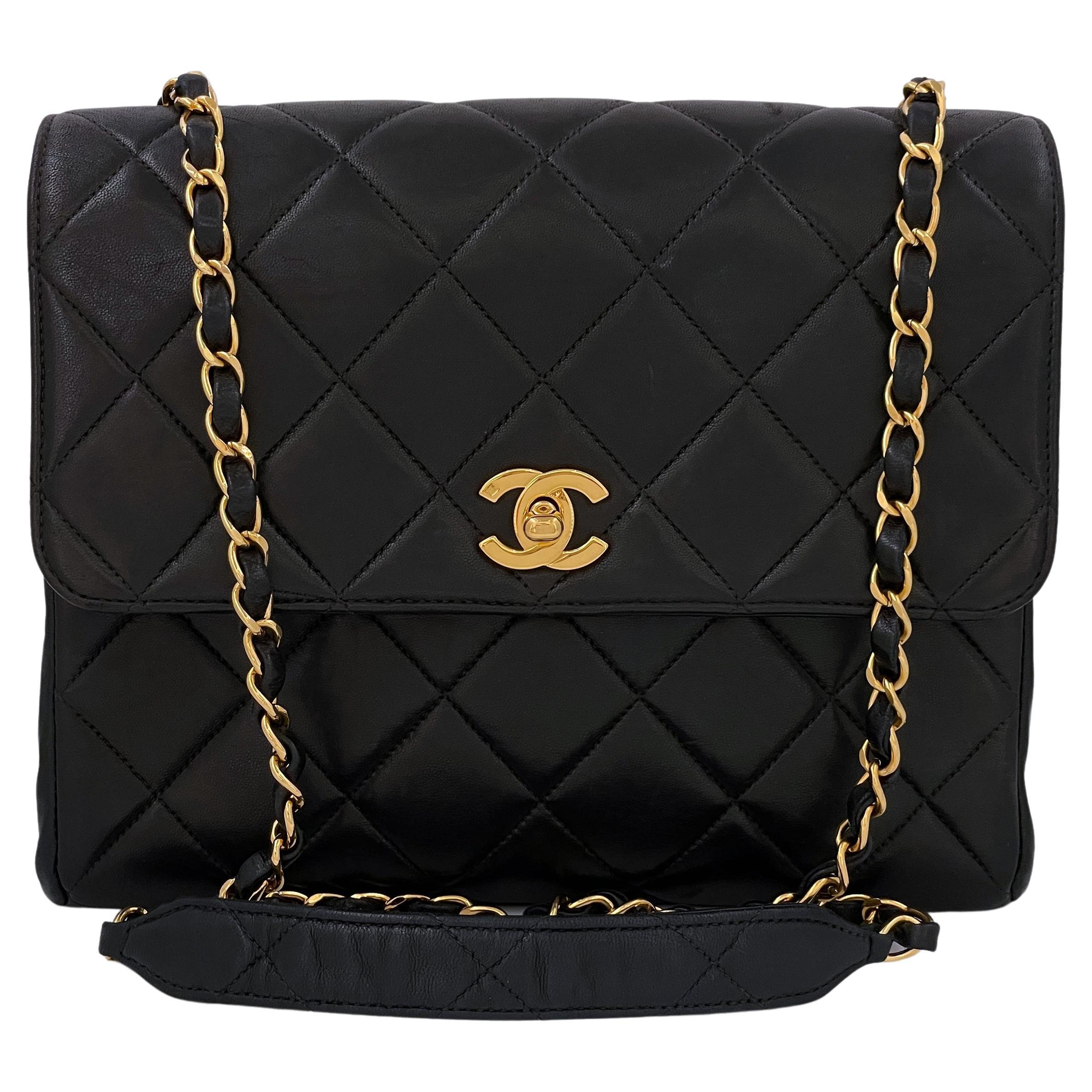 Chanel Vintage Black Square Medium Crossbody Flap Bag 24k GHW Lambskin ...