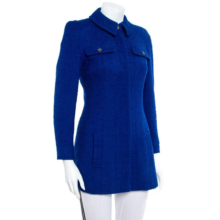 Chanel Vintage Blue Tweed Button Front Long Jacket S at 1stDibs
