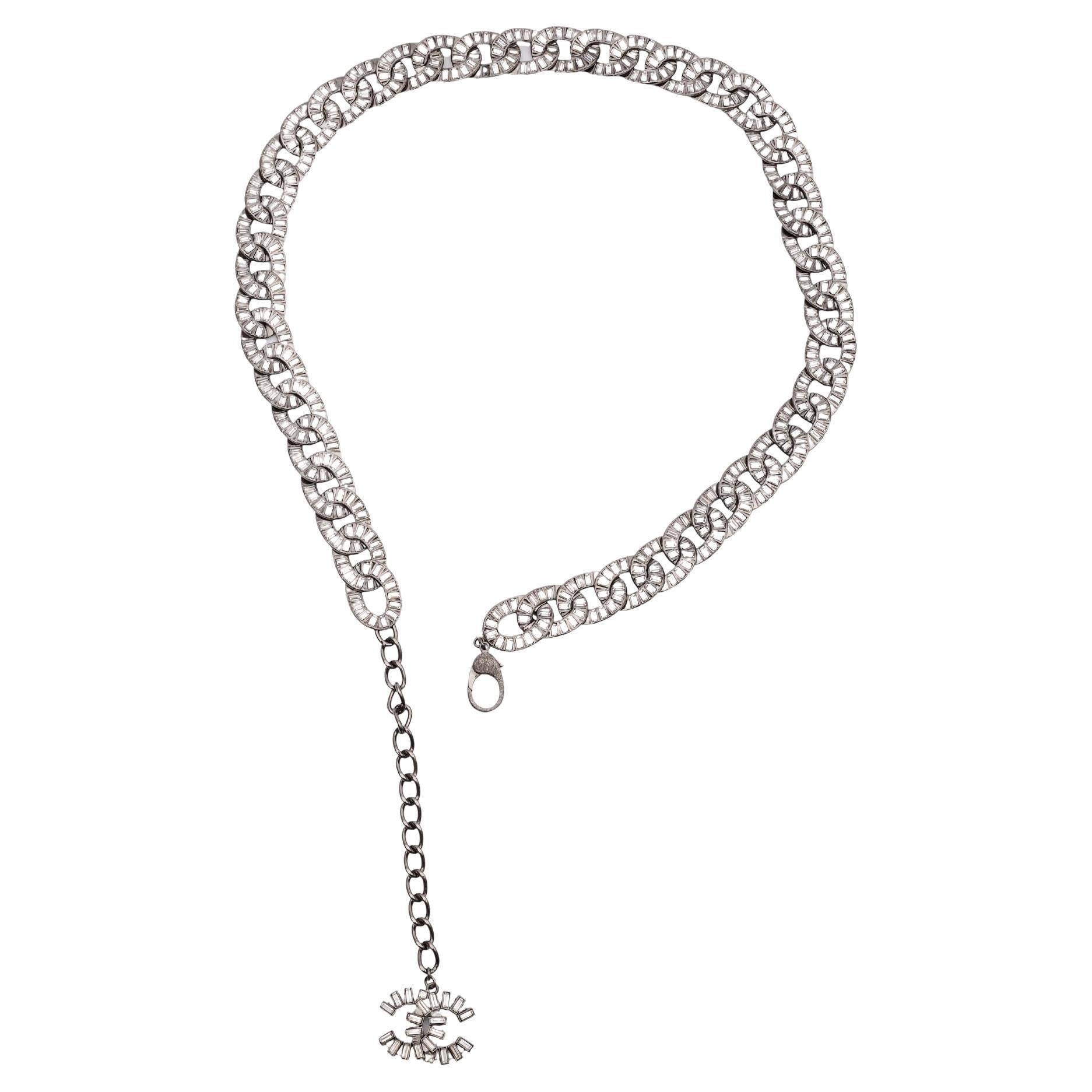 Chanel Vintage CC Baguette Crystals Pendant Ruthenium Chain Link Belt ...