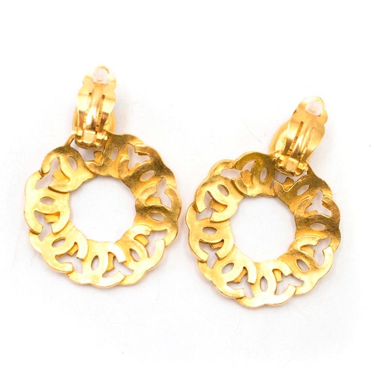 Chanel Vintage Clip-on Interlocking CC Hoop Pendant Earrings at 1stDibs