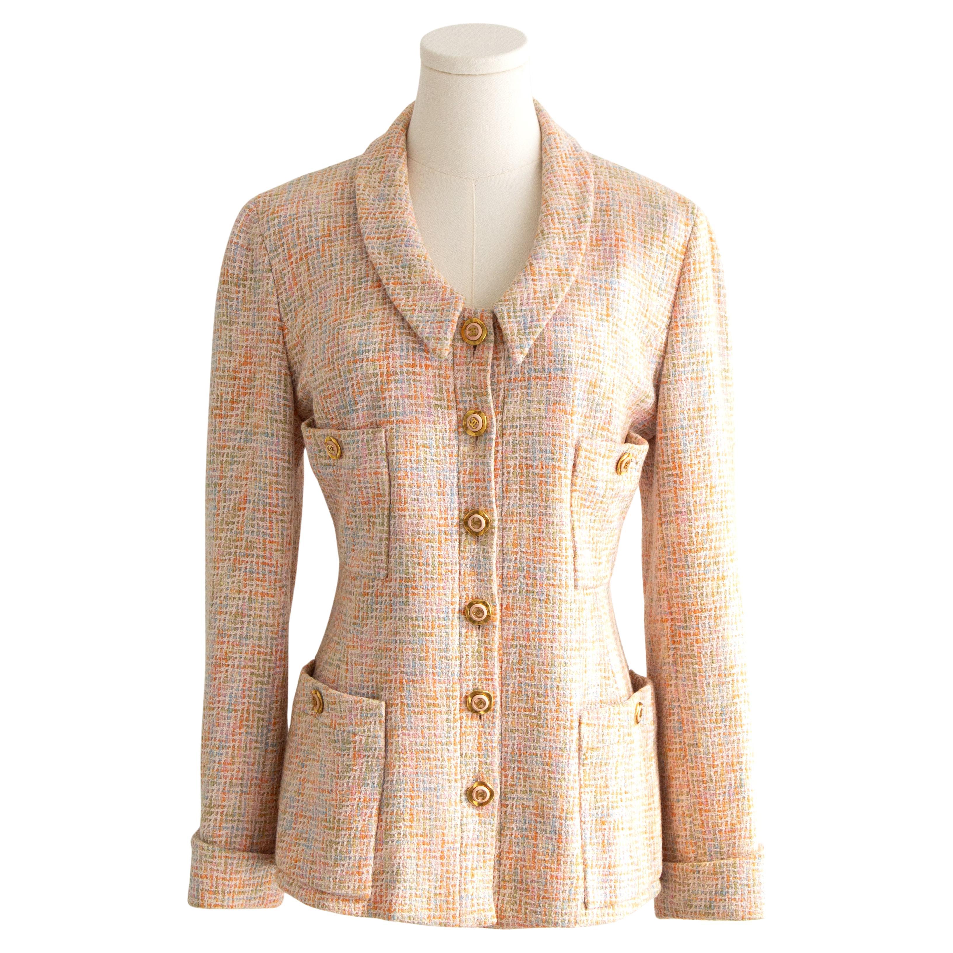 Chanel Vintage Cruise 1994 Multicolor Pastel Pink Orange 94C Tweed Jacket For Sale at 1stDibs