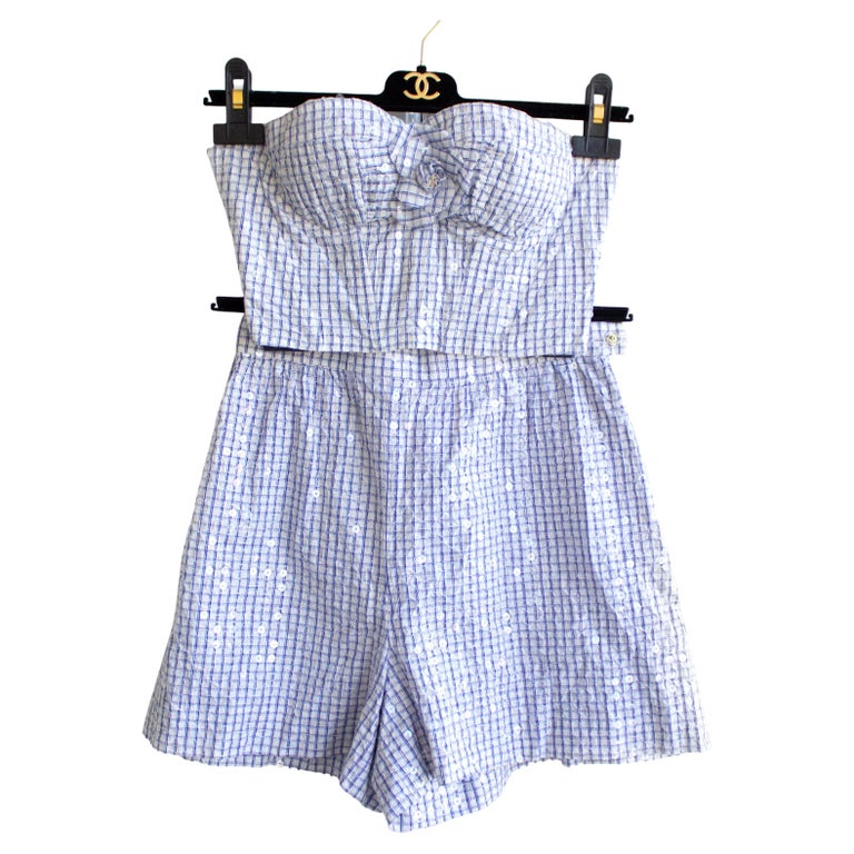Chanel Vintage Cruise 1995 Blue Gingham Bustier Shorts Camellia Brooch ...