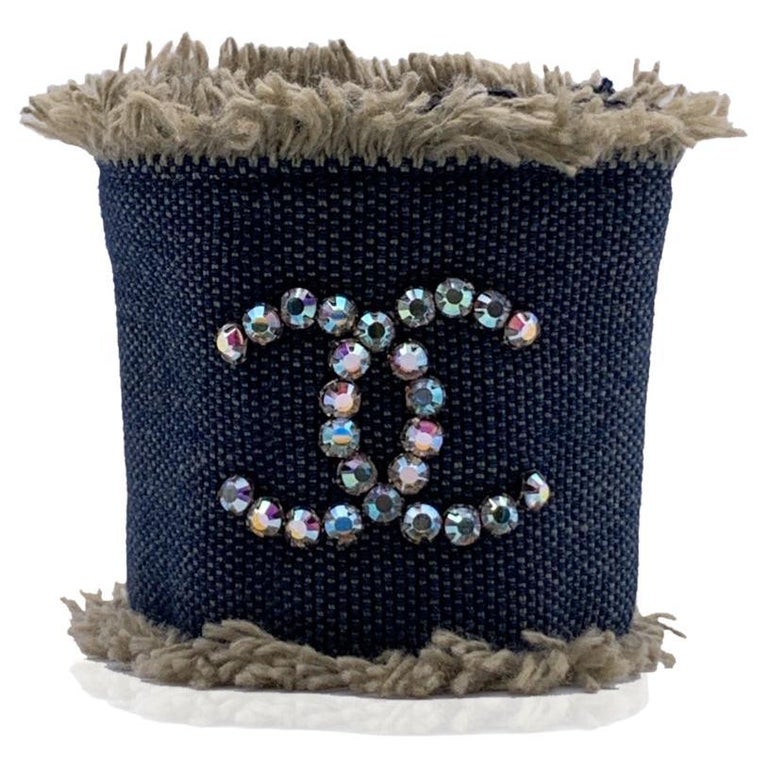Chanel Vintage Denim Jeans Rhinestones CC Logo Cuff Bracelet For Sale ...