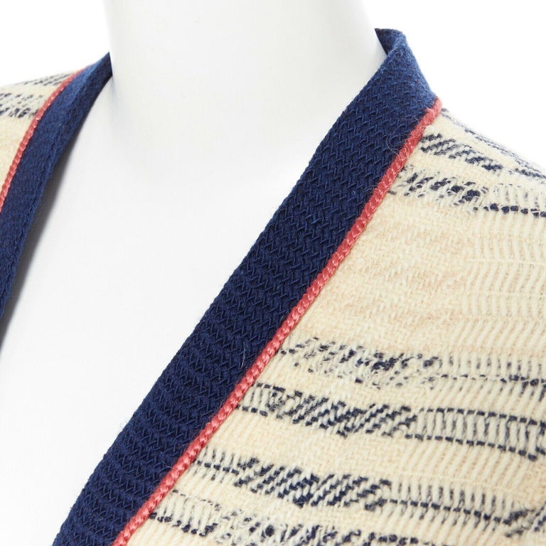 CHANEL vintage ecru navy blue pink 4 pockets cardigan jacket 13 gold ...