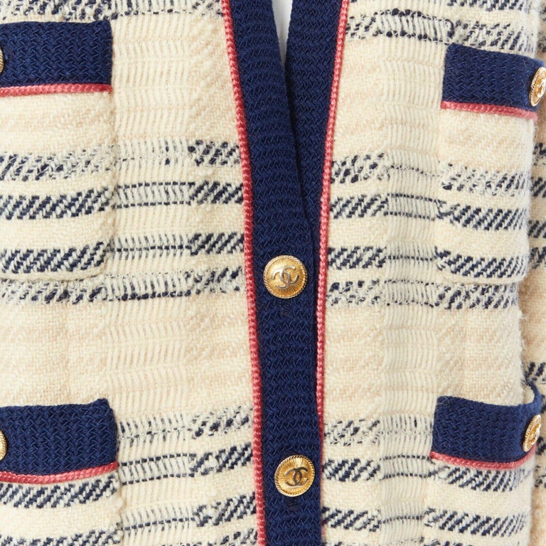 CHANEL vintage ecru navy blue pink 4 pockets cardigan jacket 13 gold ...