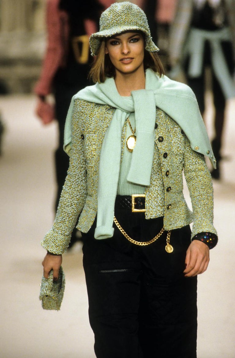 Chanel Vintage Fall 1994 Green Yellow Black Fantasy Tweed 94A Jacket at 1stDibs