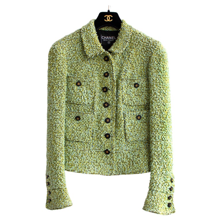 Chanel Vintage Fall 1994 Green Yellow Black Fantasy Tweed 94A Jacket at 1stDibs