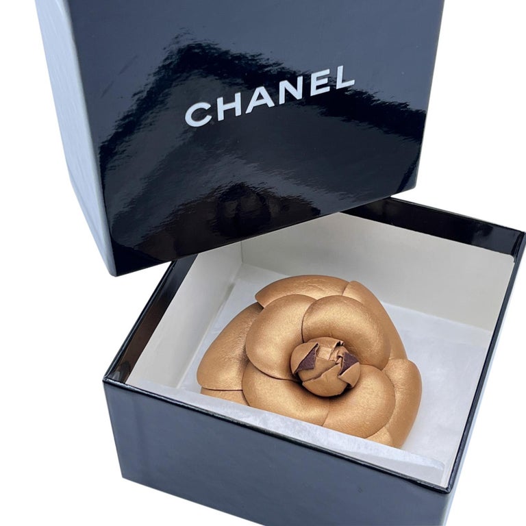 Chanel Vintage Gold Leather Camelia Camellia Flower Pin Brooch For Sale ...