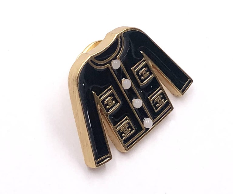 Chanel Vintage Gold Plated CC Black Enamel Jacket Pin For Sale at 1stDibs