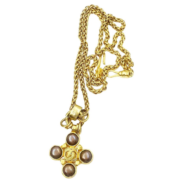 Chanel Vintage Gold Plated CC Brown Stone Pendant Weaving Chain Long ...