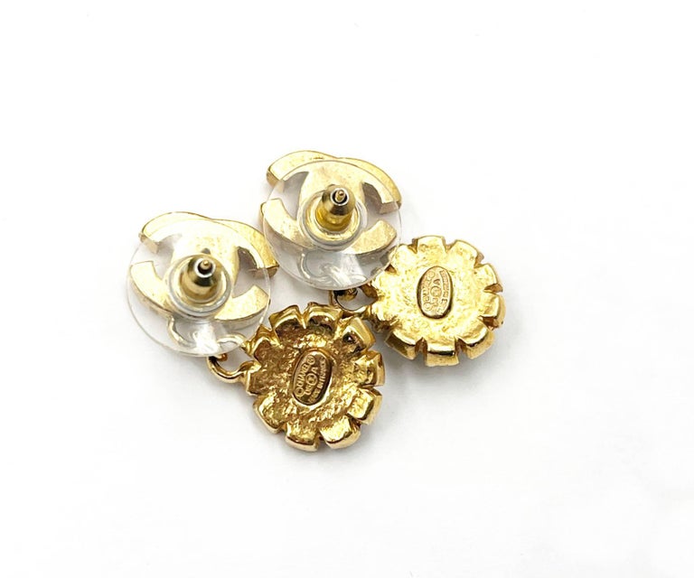 Chanel Vintage Gold Plated CC Crystal Mint Burgundy Flower Piercing ...