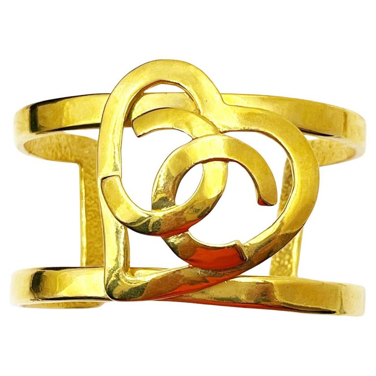 Chanel Vintage Gold Plated CC Heart Double Cuff Bracelet For Sale at ...