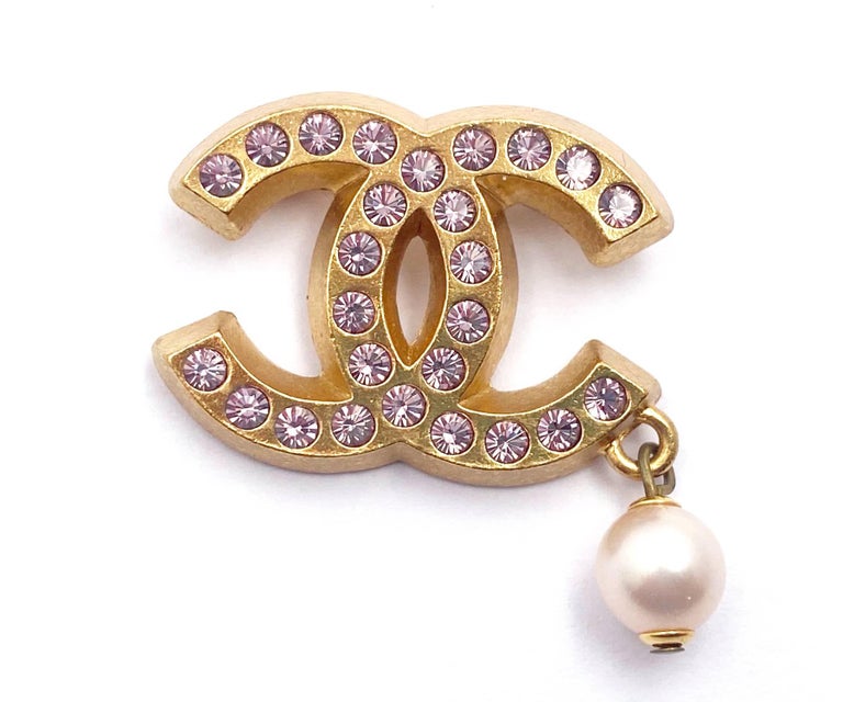 Chanel Vintage Gold Plated CC Pink Crystal Pearl Dangle Small Brooch ...