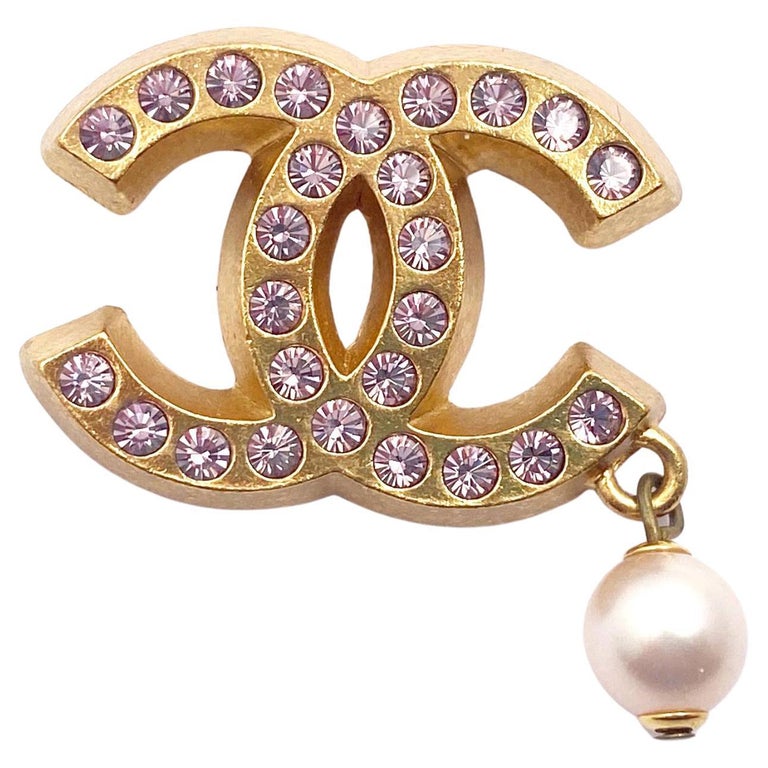 Chanel Vintage Gold Plated CC Pink Crystal Pearl Dangle Small Brooch ...