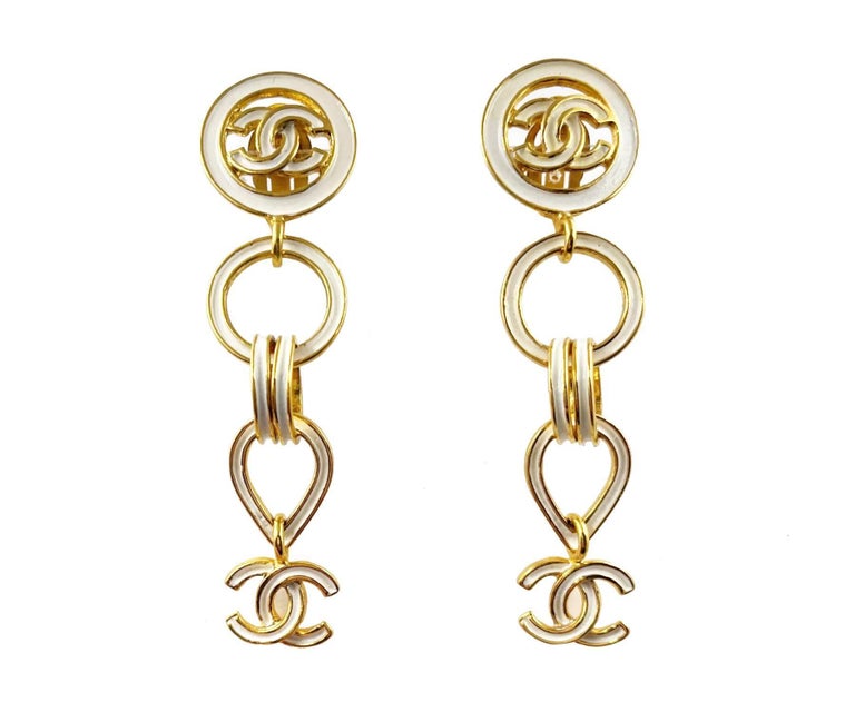 Chanel Vintage Gold Plated CC White Enamel Chain Long Clip on Earrings ...
