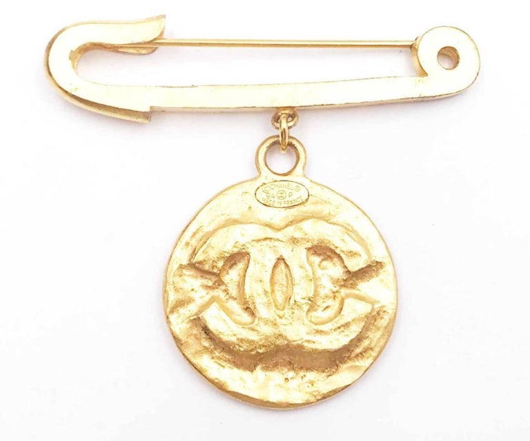 Chanel Vintage Gold Plated Medallion Coin Safety Pin Brooch For Sale at 1stDibs