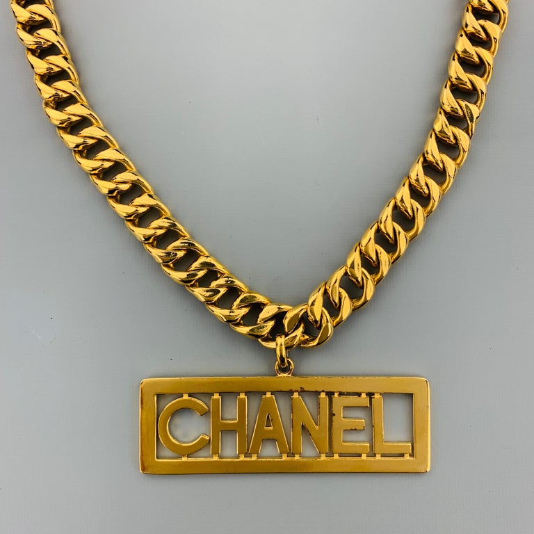 CHANEL Vintage Gold Tone Metal Curb Chain Logo Nameplate Cutout Pendant ...