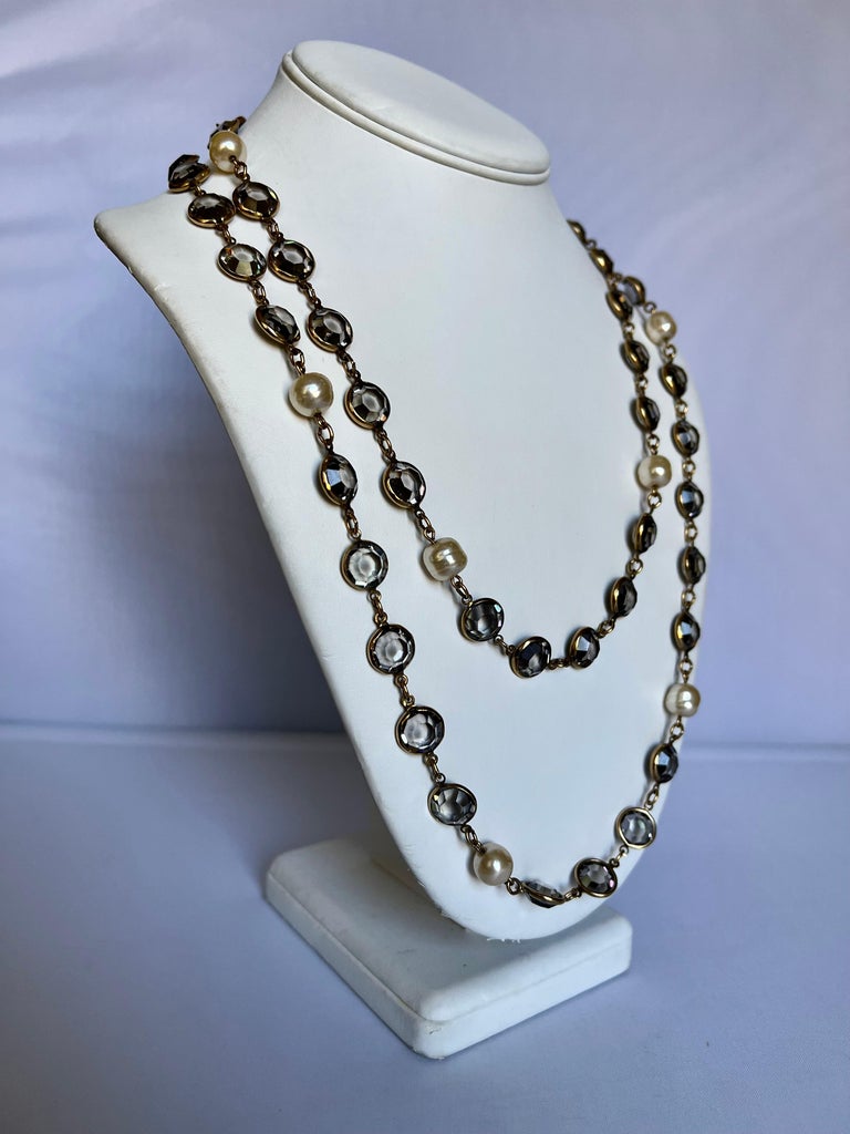 Chanel Vintage Grey Crystal Faux Pearl Sautoire Necklace For Sale at ...