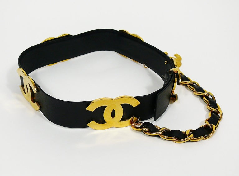 Chanel Vintage Iconic 1994 Black Leather Wide Belt with Large CC Logos ...